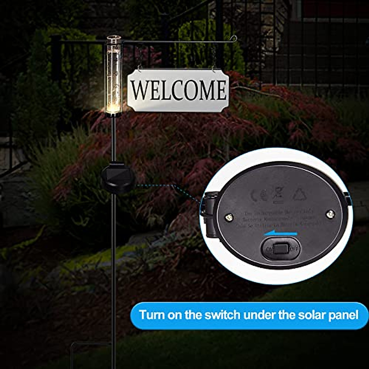 Uitpon 36" Rain Gauge Outdoor Decorative with Solar Powered Light,Metal“Welcome”Yard Sign Stakes with Plastic Rain Measure Gauge for Garden Lawn Decorations