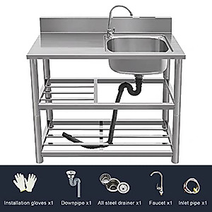 Commercial Sink Single Bowl Utility Sink Stainless Steel Freestanding Sink with Workbench and Storage Shelves with Drainer Unit and Tap for Kitchen Restaurant Farmhouse Laundry. (Color : Cold alone R