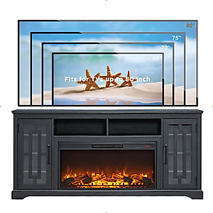 JXQTLINGMU Fireplace TV Stand with 36" Electric Fireplace for 80 Inch TV, Farmhouse 32" Tall Highboy Entertainment Center w/6 Shelves, Modern Media Console w/Storage for Living Room, Black