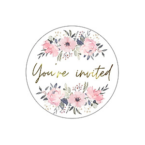 Mobiusea Creation Floral Party You're Invited Envelope Seal Stickers | 1.4 inch | Gold Foil | 54pcs Waterproof Invitation Stickers for Wedding, Bridal Shower, Birthday, Boho Girl Baby Shower