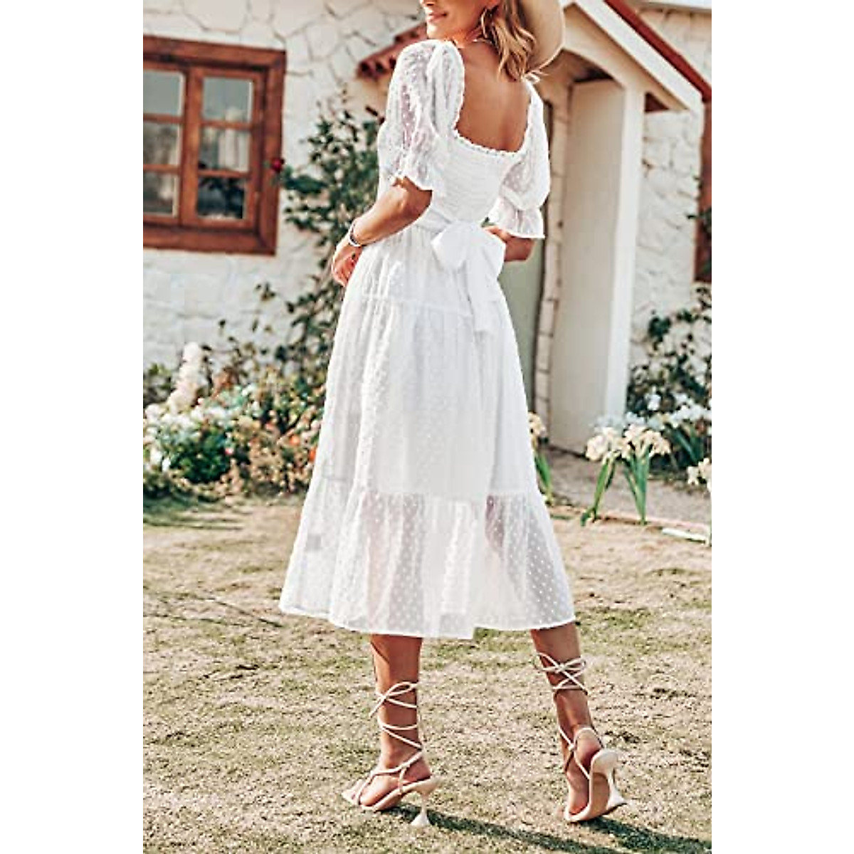 MEROKEETY Women's White Dress Summer Square Neck Puff Sleeve Boho Midi Dress Swiss Dot Ruffle Flowy Tie Back Dress, White, S