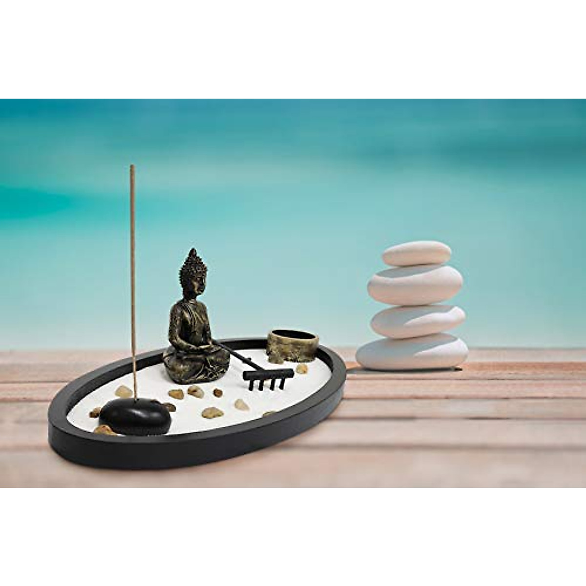 Japanese Zen Garden Kit Home Decor - Buddha Incense Stick Holder Office Desk Accessories - Zen Garden Sand Corner Desk Office Decor - Buddha Statue Table Top - 13.5" x 6.25" x 5"