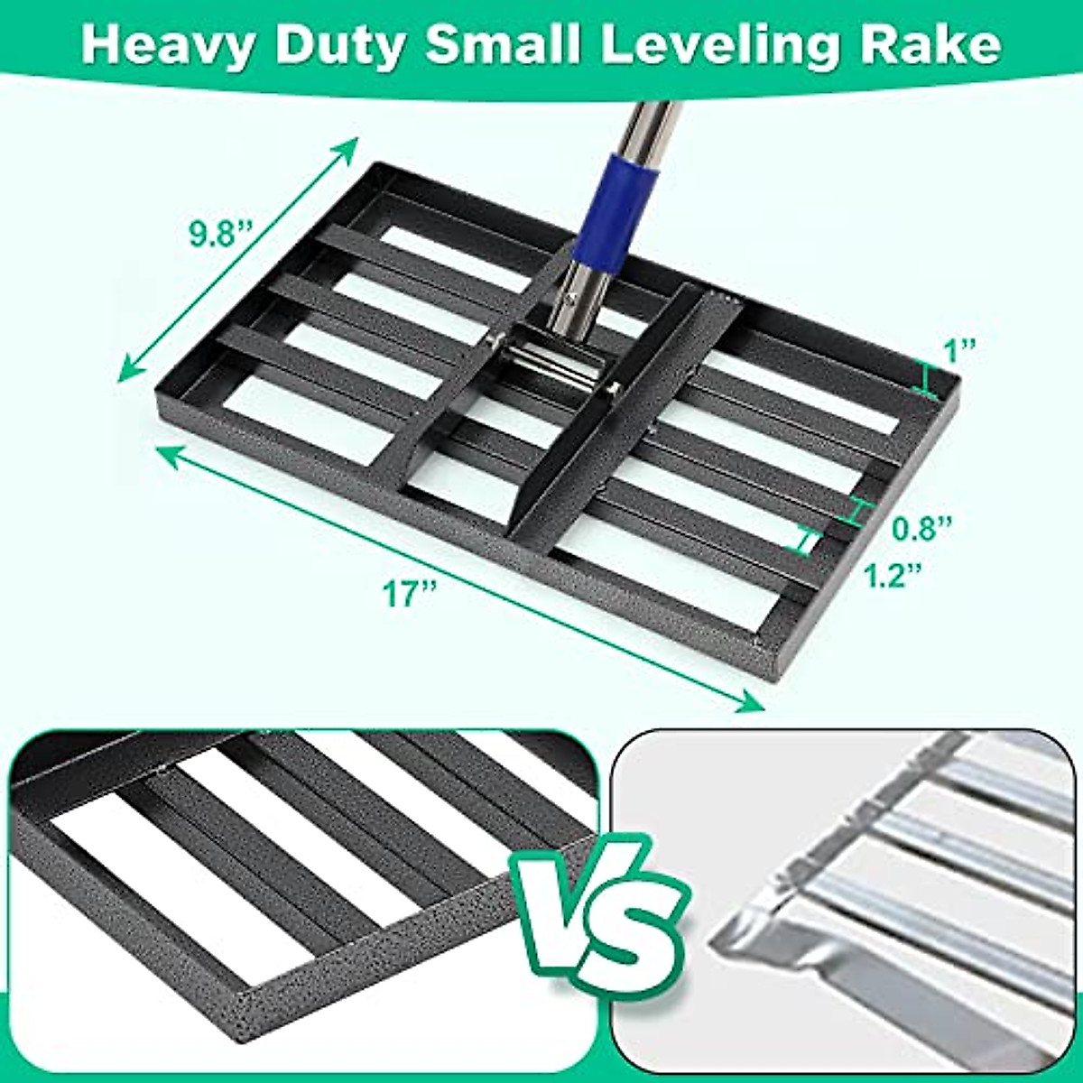 Lawn Leveling Rake, 17"x10" Small Lawn Leveling Rake with 5FT Adjustable Steel Handle,Heavy Duty Lawn Level Tool for Yard Garden Golf Leveling,Topsoil Sand Leveling Spreading,Top Dressing Lawn Leveler