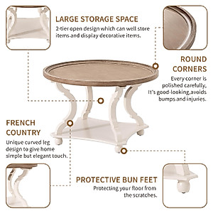 COZAYH Round Farmhouse Coffee Table with Handmade Finishes, Wood Tray Top Rustic Coffee Table for Added Thickness, Accent Table with Storage for Living,White 32“X32”X20“