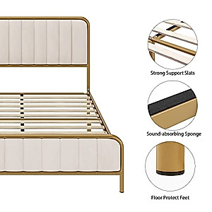 HITHOS Full Size Bed Frame, Upholstered Bed Frame with Button Tufted Headboard, Heavy Duty Metal Mattress Foundation with Wooden Slats, Easy Assembly, No Box Spring Needed (Golden/Off White, Full)