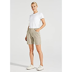 Willit Women's 7" Hiking Shorts Active Cargo Shorts Outdoor Quick Dry Summer Shorts with Pockets Water Resistant Khaki L