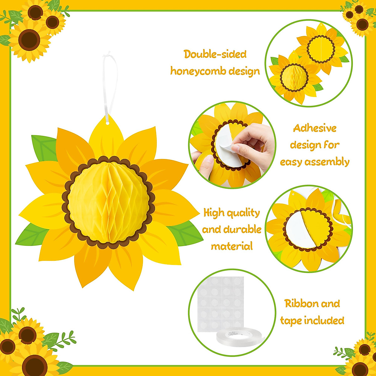 A1diee Sunflower Tissue Pom Poms - Yellow Flowers Wall Hanging Swirls Party Decorations Retro Boho Birthday Banner Baby Shower Bridal Wedding Classroom Backdrop Supplies Favor Décor 6.5" 6.2"