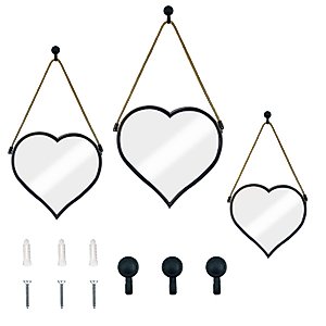 Urban Deco 3 Pieces Heart Shaped Mirror for Wall, Hanging Black Glass Mirror Sets Decoration for Bedroom Living Room Bathroom
