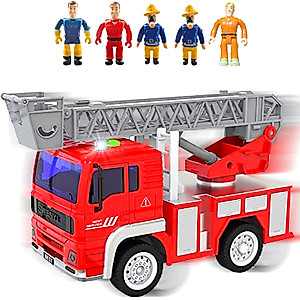 FUNERICA Compact Fire Truck Toy Set with Fireman Play Figures - Lights and Sounds, Friction Wheels - Perfect Firetruck Toys for 3 Year Old Boys and Toddlers