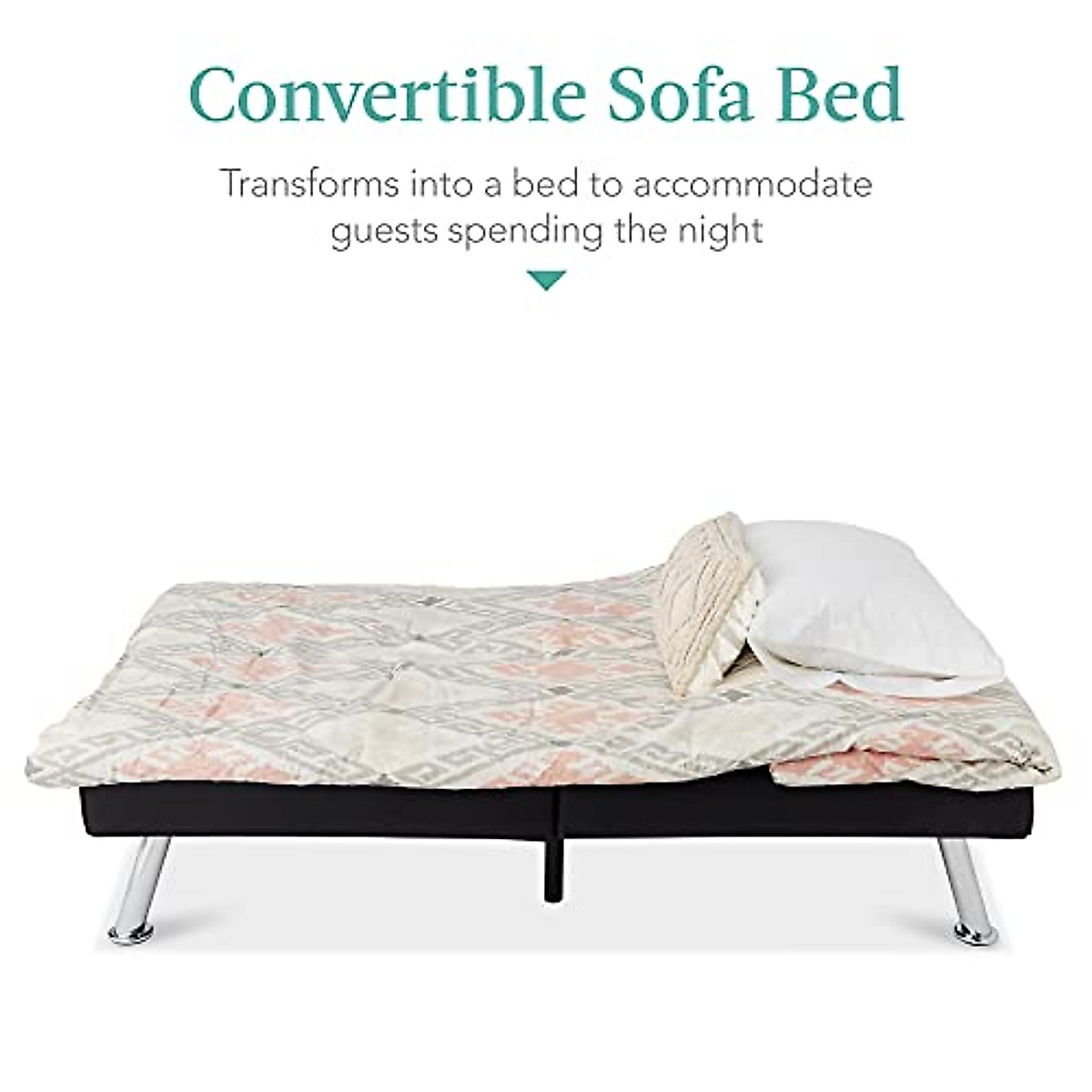 Best Choice Products Faux Leather Upholstered Modern Convertible Folding Futon Sofa Bed for Compact Living Space, Apartment, Dorm, Bonus Room w/Removable Armrests, Metal Legs, 2 Cupholders - Black