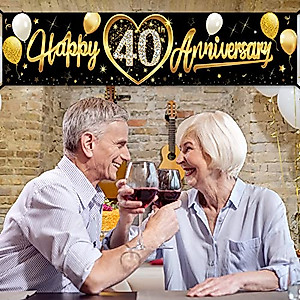 Kauayurk Happy 40th Wedding Anniversary Banner Decorations, Black Gold 40th Anniversary Sign Party Supplies, 40th Wedding Anniversary Decor Photo Booth for Outdoor Indoor