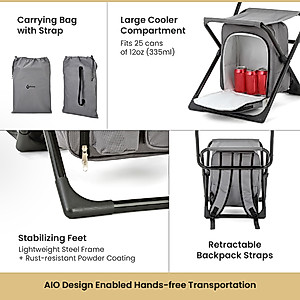 Arrowhead Outdoor Multi-Function 3-in-1 Compact Camp Chair: Backpack, Stool & Insulated Cooler, w/Bottle Holder & Storage Bag, External Pockets, Backrest, Fishing, Hiking, Heavy-Duty, USA-Based