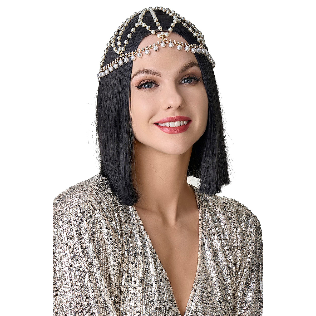 BABEYOND 1920s Crystal Cap Headpiece Rhinestone Head Chain Roaring 20s Great Gatsby Hair Accessories for Art Deco Party
