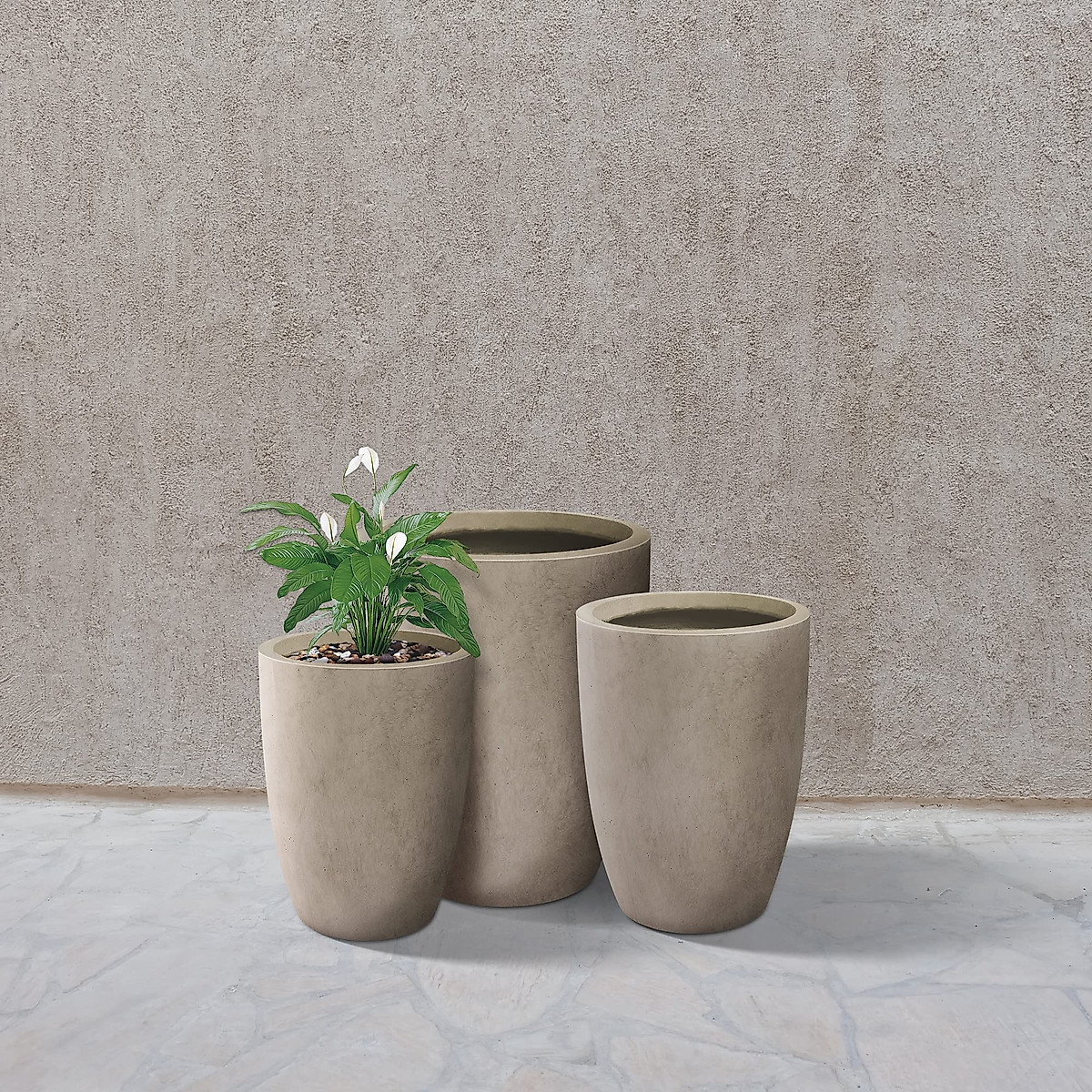 Kante 18.1",20.5",22.4" H Tall Round Concrete Planters Set of 3, Outdoor Indoor Modern Decorative Plant Pots with Drainage Hole & Rubber Plug for Home & Garden Weathered Concrete