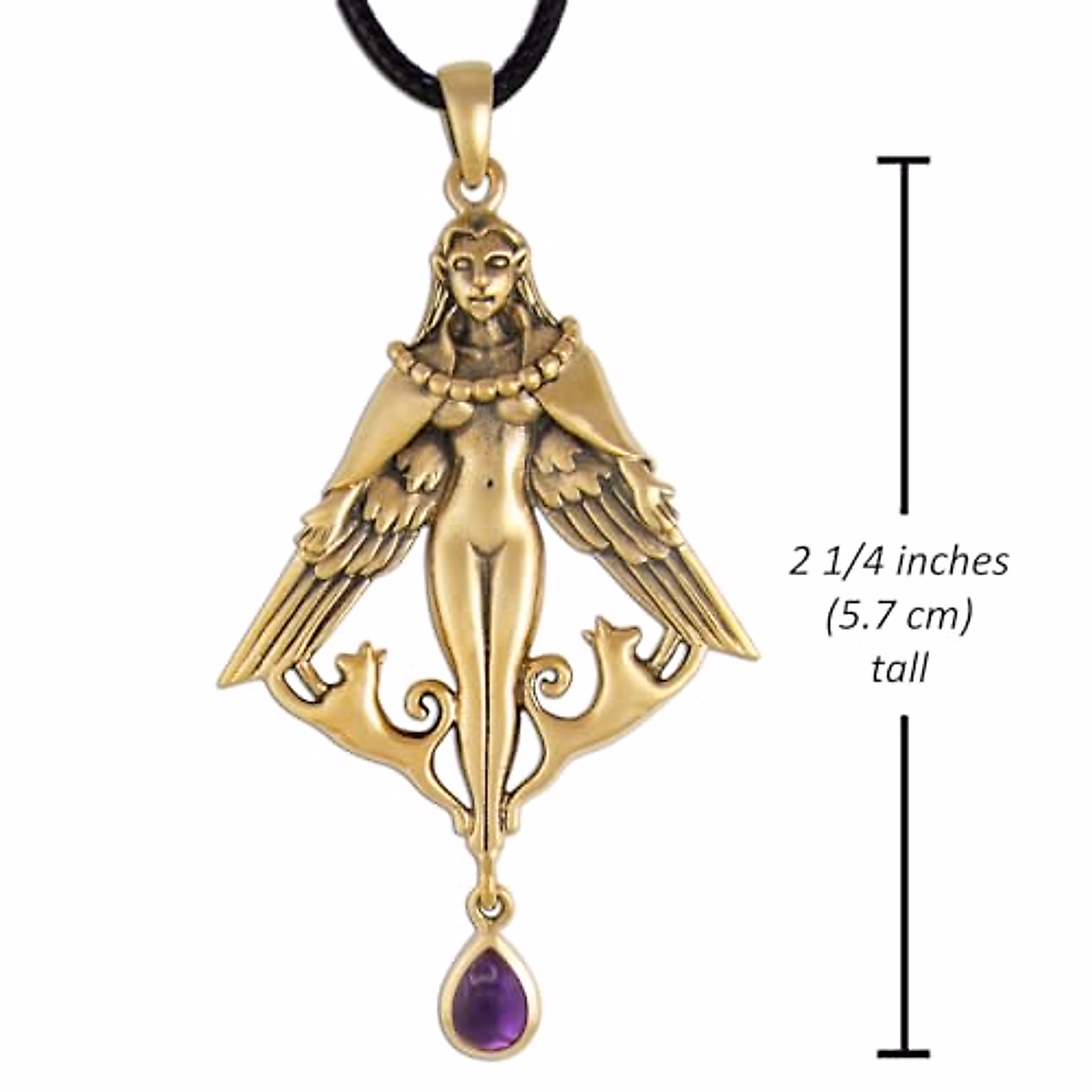 Dryad Design Bronze Freya Pendant with Natural Amethyst - Norse Goddess Freyja Jewelry 2 1/8 inches (5.4 cm)