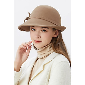 BABEYOND Womens 1920s Bucket Hat Winter Wool Crushable Bowler Hat Vintage Cloche Round Hat with Floral Accent (Camel)