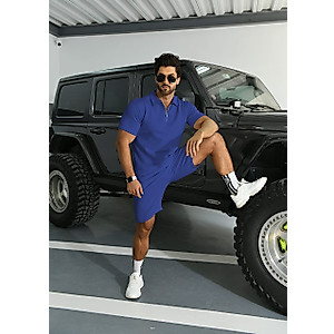 KUYIGO Men's Polo Shirt and Shorts Set Summer Jogging Outfits Fashion Casual Short Sleeve Suit for Men 2 Piece Tracksuit Royal Blue Large