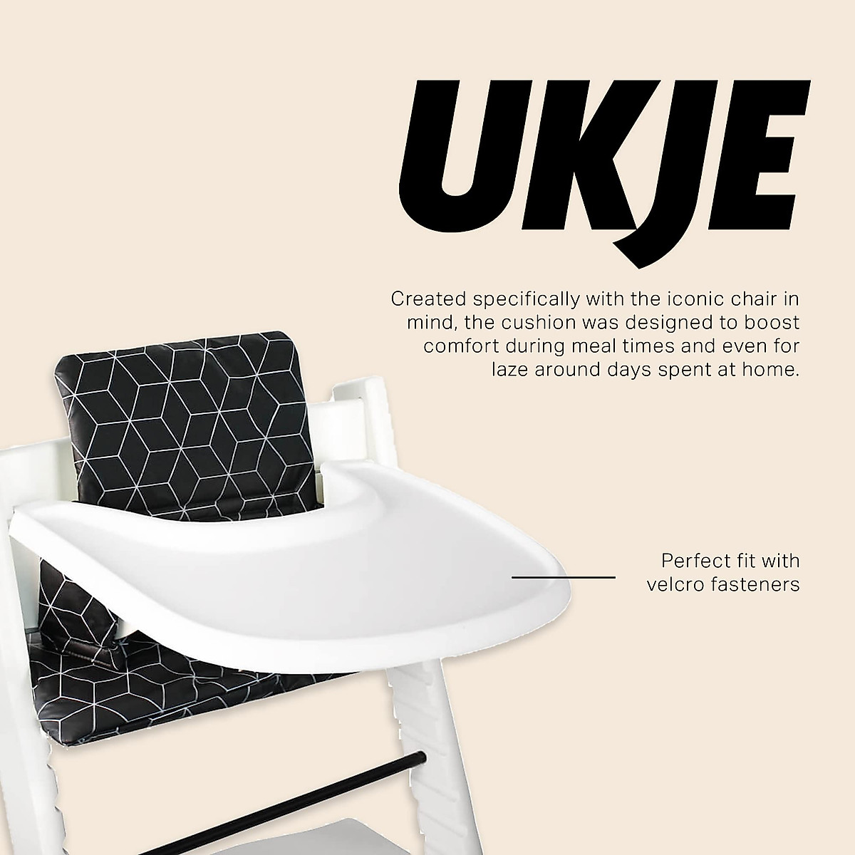 UKJE Cushion Compatible with Stokke Tripp Trapp - Soft Seat for Infants, Babies & Toddlers, High Chair Accessories, Cotton Fabric Insert, Easy to Install, Handmade in Europe (Black Geometric)