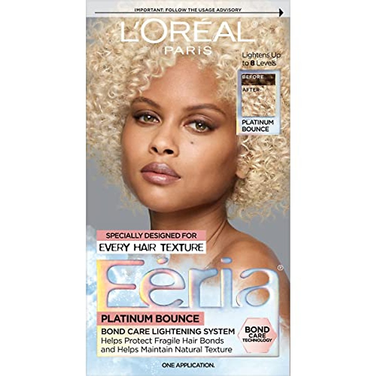 L’Oréal Paris Feria Platinum Bounce Bond Care Lightening System with Advanced bonding science protect fragile hair bonds from damage, all while radiantly lightening hair, Platinum Bounce, 1 kit