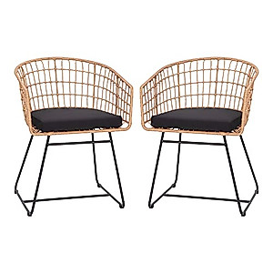 Flash Furniture Devon Set of 2 Indoor/Outdoor Patio Boho Club Chairs, Rope with PE Wicker Rattan, Cushions and Sled Base, Natural/Black