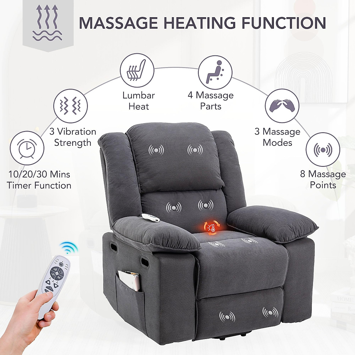 LIADTOP, Power Lift Elderly with Adjustable Massage and Heating Function,Recliner Chair with Infinite Position and Side Pocket for Living Room,Gray