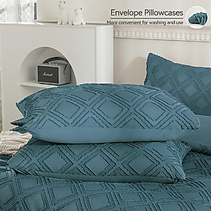 JELLYMONI Grayish Blue Duvet Cover Full Size - 3 PCS Microfiber Tufted Duvet Cover Set, Boho Textured Duvet Cover Jacquard Rhombus Geometric Pattern Duvet Cover with Corner Ties & Zipper Closure