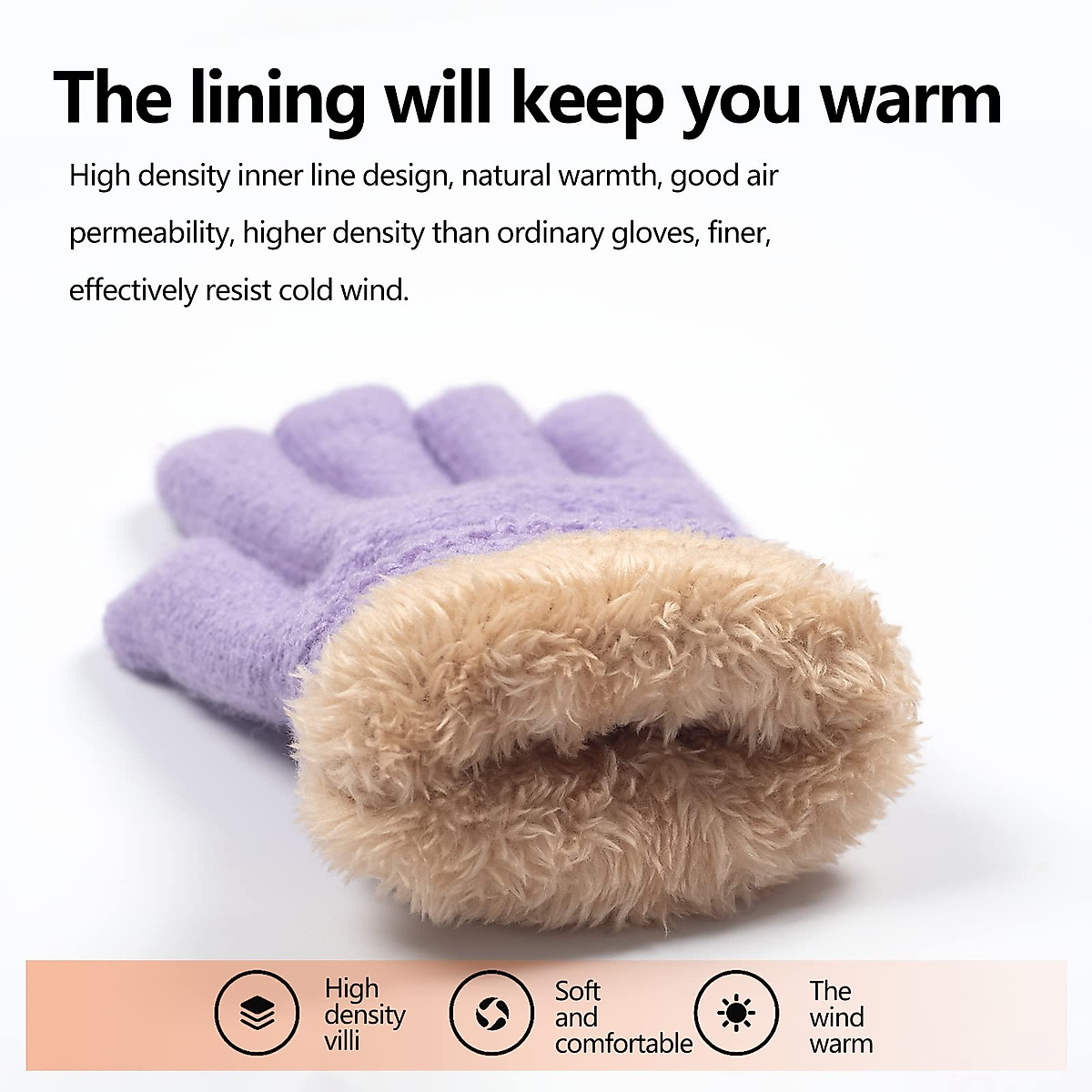 Winter Gloves for Boys Girls - Kids Warm Knit Thermal Cable Knitted Gloves Purple Wool Fleece Lined Mittens for Cold Weather