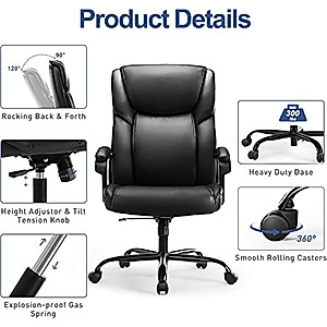 Executive Office Chair - Height Adjustable High Back Computer Chair, Ergonomic Home Office Desk Chair with Wheels, Armrest, and Headrest - 360° Swivel PU Leather Chair for Adults, Black.