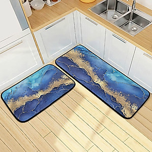 Kitchen Mats Rugs 2 Piece Set Bath Mat Antifatigue Cushioned Gold Black Marble for Floor Non Slip Washable (color5)