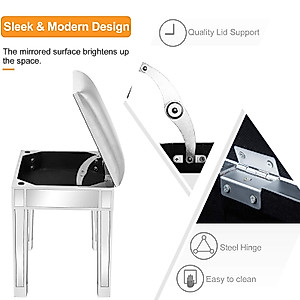 VINGLI Mirrored Vanity Stool with Storage, Faux Leather Ottoman, Makeup Dressing Table Bench, Silver