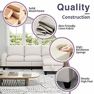 Yattem Convertible Sectional Sofa Couch：Modern L-Shaped Sofa Couches with Reversible Storage Ottoman & Side Storage Pockets - 3-Seat Beige Linen Sofa Couch for Living Room/Apartment/Studio/Small Space