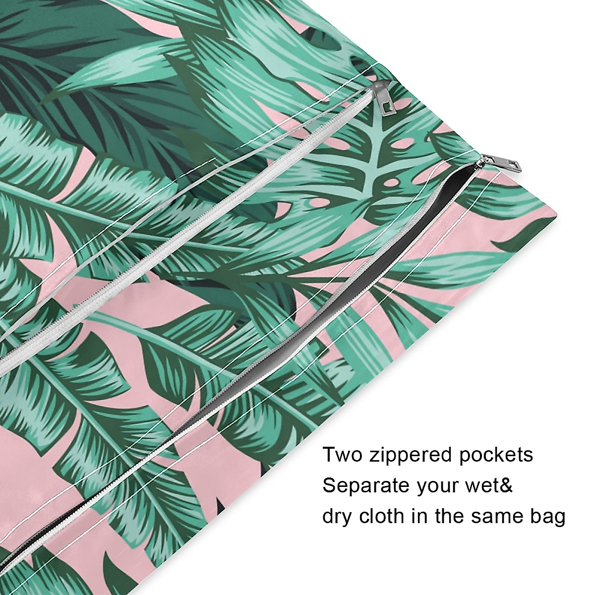 2pcs Cloth Diaper Wet Dry Bags Waterproof Tropical Green Palm Leaves Pink Reusable Washable Travel Beach Yoga Gym Bag for Swimsuits Wet Clothes