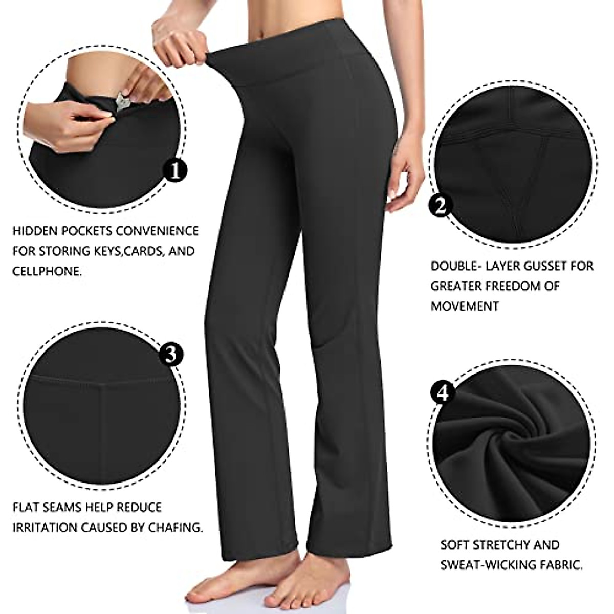 HISKYWIN Inner Pocket Yoga Pants 4 Way Stretch Tummy Control Workout Running Pants, Long Bootleg Flare Pants HF2 Black-XL
