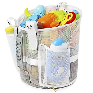 Quick Scoop Mesh Bath Toy Organizer for Tub with YKK Zipper，Multiple Ways to Hang, Ultra Large Capacity & Large Opening, Bathroom Toy Holder, Baby Bath Toys Storage Bag with 2 Side Pockets (White)