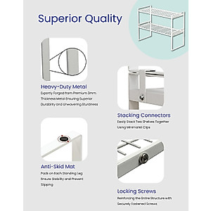 2 Pack Stackable Kitchen Cabinet Shelf Organizer Rack – Countertop Storage for Pantry, Bathroom, Office, Space Saving, Rust Resistant, Non-Slip, White, 20" L x 8.25" D x 7.3" H Each, 14.6" H Stacked