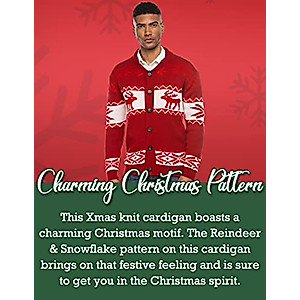 COOFANDY Mens Ugly Christmas Xmas Reindeer Snowflake Button Front Long Sleeve Shawl Collar Cardigan (Red M)