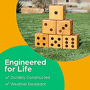 Jungle Gym Kingdom Yardzee & Yard Farkle Giant Wooden 6 Dice Set for Outdoor Fun Lawn Games Picnic Barbeque Party Tailgaiting & Special Events with Collapsible Bucket & Lid Scorecards & Markers - Blue