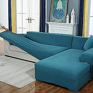 TVPFM Velvet Plush L Shape Sofa Cover L Shape Sectional Couch Cover,1 2 3 4 5 Seater Stretch Sofa Slipcover for Pets Dogs Furniture Protector with Elastic Bottom-Lake Blue 4 Seater 235-30