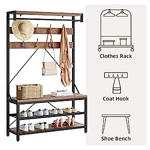 Amyove Large Coat Rack Shoe Bench, 4-in-1 Hall Tree Shoe Rack for Entryway, 3-Tier Storage Shelf and Hooks Removable, Industrial Accent Furniture with Heavy Duty Steel Frame 39.9"x15.7"x72"