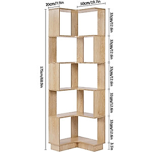 tonchean 5-Tier Corner Bookshelf 69" Tall Modern Wooden Corner Bookcase L-Shaped Shelf Storage Display Rack for Bedroom, Living Room, Home Office