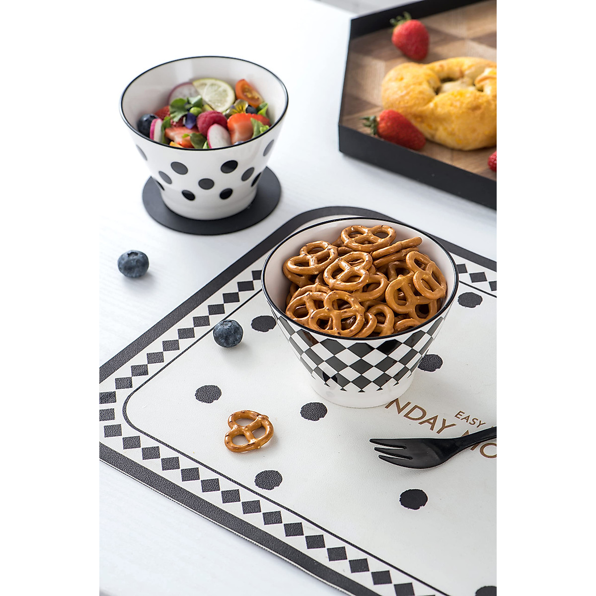 SYJAN HOME Black & White Bowls set of 4,Ceramic Soup Bowls for Kitchen,14 OZ Small Bowls for Dessert | Ice Cream | Salad | Fruits | Snacks | Rice | Cereal,Serving Dishes - 4.9 Inch