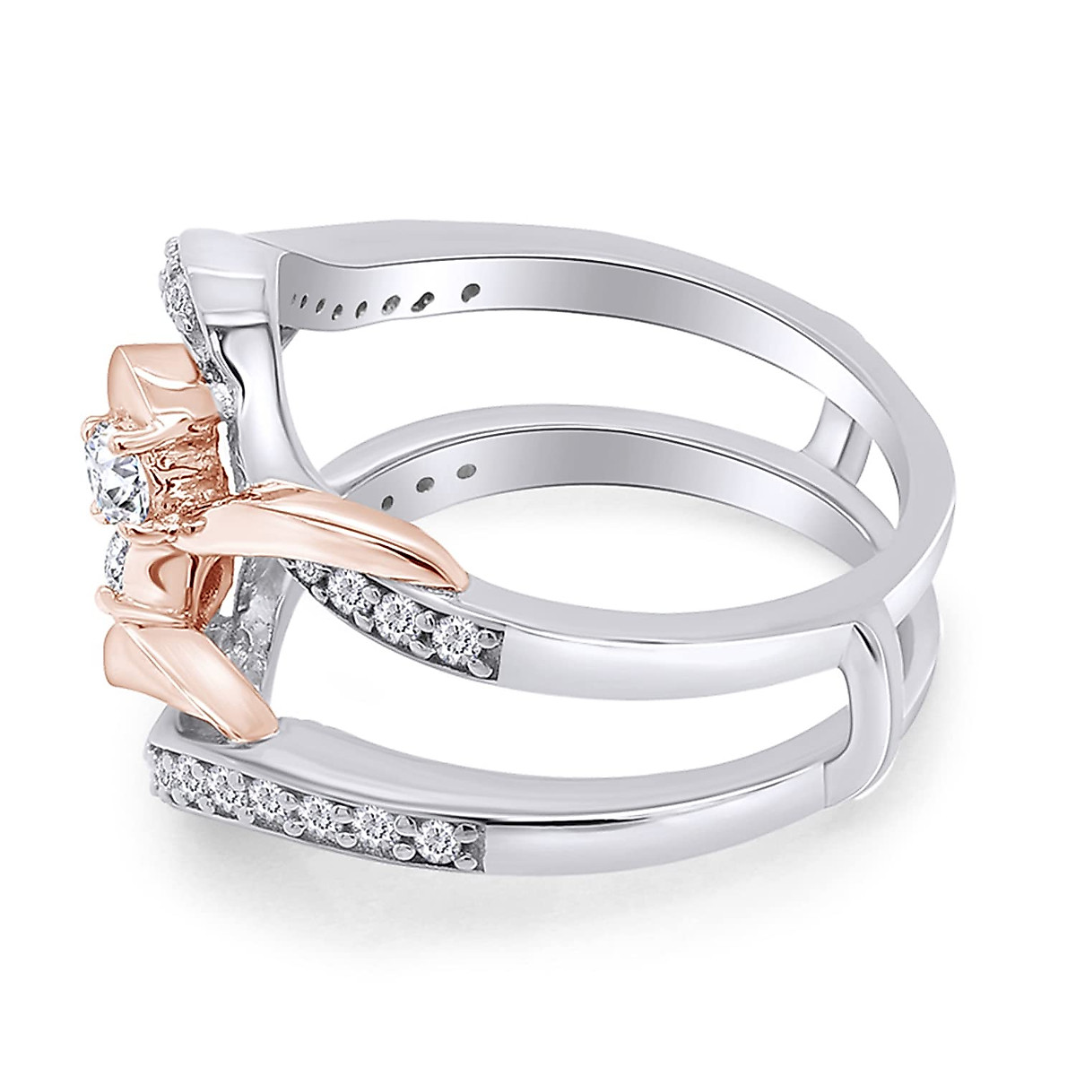 SAVEARTH DIAMONDS 1/2 ct t.w Round Cut Lab Created Moissanite Diamond Two Tone Wedding Band Ring Guard Enhancer For Women In 14K White Gold Over Sterling Silver(VVS1 Clarity 0.50 Cttw)-5.5