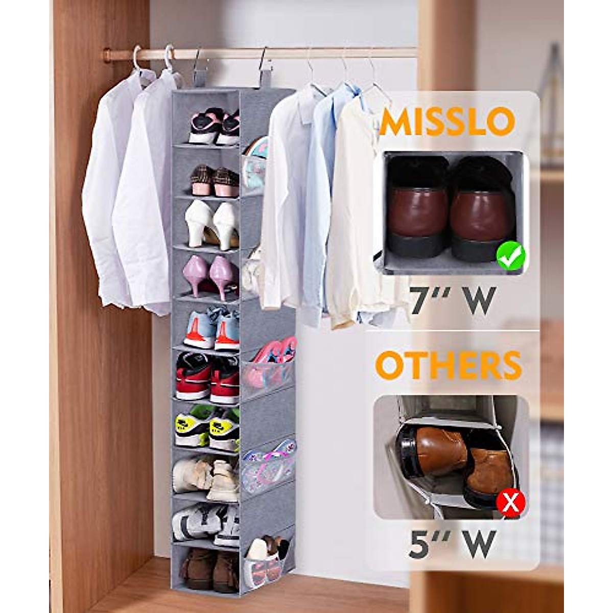 MISSLO 10-Shelf Hanging Shoe Organizer for Closet Organizers and Storage Shelves Hat Rack for Closet with 10 Side Mesh Pockets for Shoes, Caps, Scarves, Folded Clothes and Toys, Grey