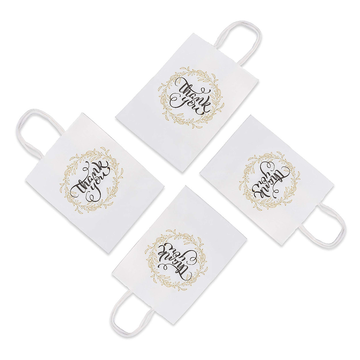OSpecks 50 Count Small Thank You Gift Bags Bulk with Handles, White Kraft Paper Bags for Retail Shopping, Wedding, Goodies, Merchandise for Customers or Guests, Size 5.25 x 3.75 x 8 Inches