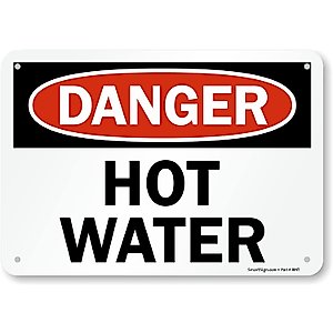 SmartSign 7 x 10 inch “Danger - Hot Water” OSHA Sign with Pre-Cleared Holes, Digital Printing, 55 mil HDPE Plastic, Red, Black and White