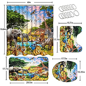 Funny Wild Animal Shower Curtain Sets with Memory Foam Bath Mat, Non-Slip Bath Rugs and Toilet Lid Cover, Kids Jungle Nature Shower Curtains for Bathroom with Hooks, Lion Tiger Elephant Bathroom Set