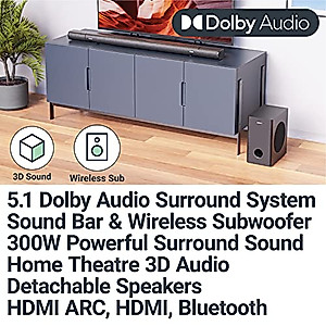 Majority Everest 5.1 Dolby Audio Surround Sound System with Sound Bar | Wireless Subwoofer I 300W Powerful Surround Sound | Home Theatre 3D Audio with Detachable Speakers | HDMI ARC, HDMI, Bluetooth