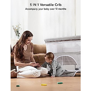 besrey 5 in 1 Baby Bassinet Bedside Sleeper, Playpen with Bassinet & Baby Cradle, 0-18 Months (Without Stars Printing on The 360° Mesh)