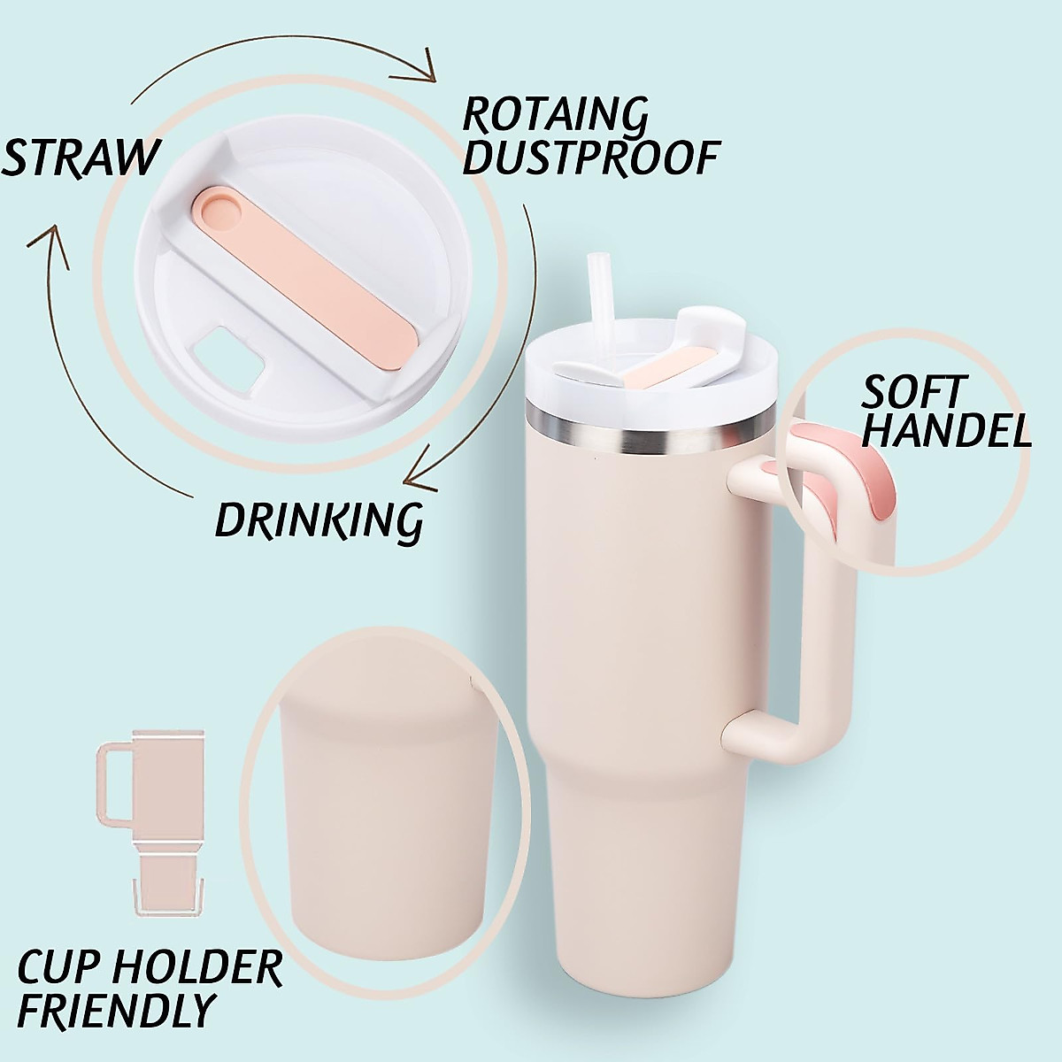 Pandance 40 oz Tumbler with Handle and Straw Lid, Stainless Steel Insulated Water Cup, Travel Mug Bulk (Cream White, 1 pack)