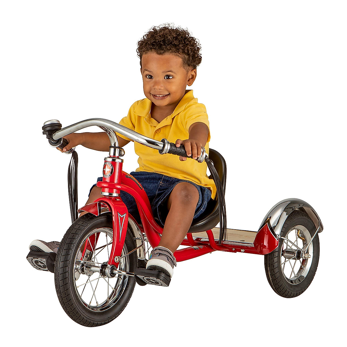 Schwinn Roadster Bike for Toddler, Kids Classic Tricycle, Low Positioned Steel Trike Frame with Bell and Handlebar Tassels, Rear Deck Made of Genuine Wood, for Boys and Girls Ages 2-4 Year Old, Red